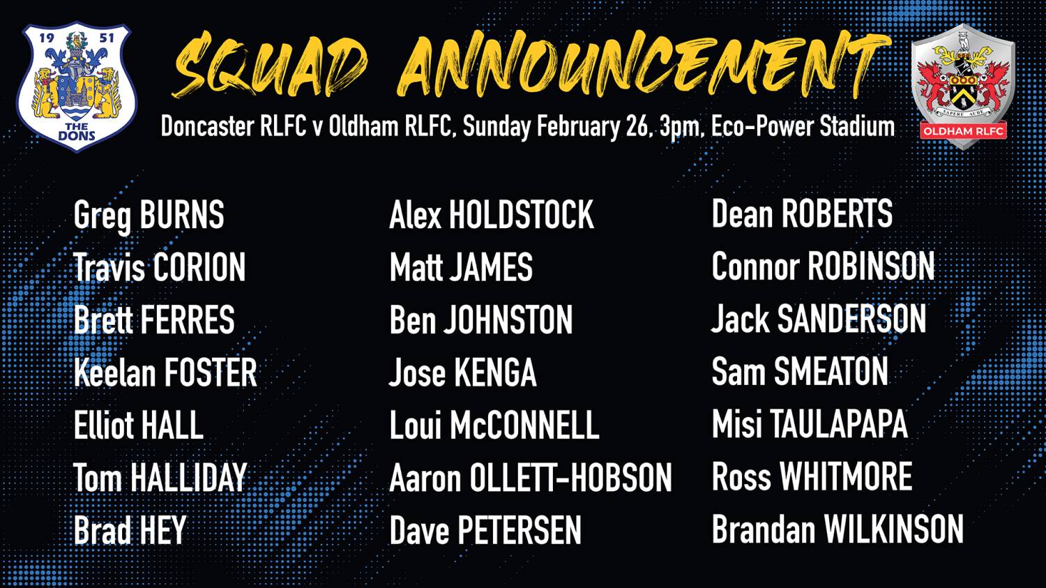 NEWS | Squad named for Oldham cup tie