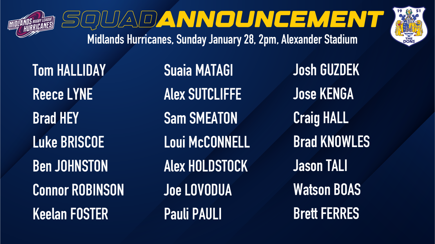 SQUAD ANNOUNCEMENT | Midlands Hurricanes v Doncaster RLFC