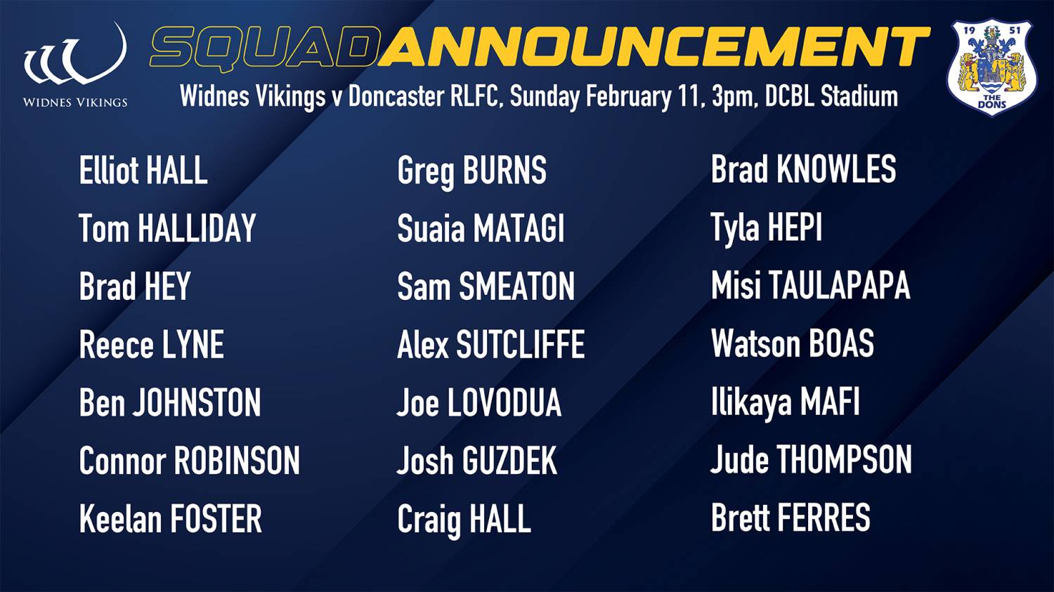 SQUAD ANNOUNCEMENT | Widnes Vikings v Doncaster RLFC