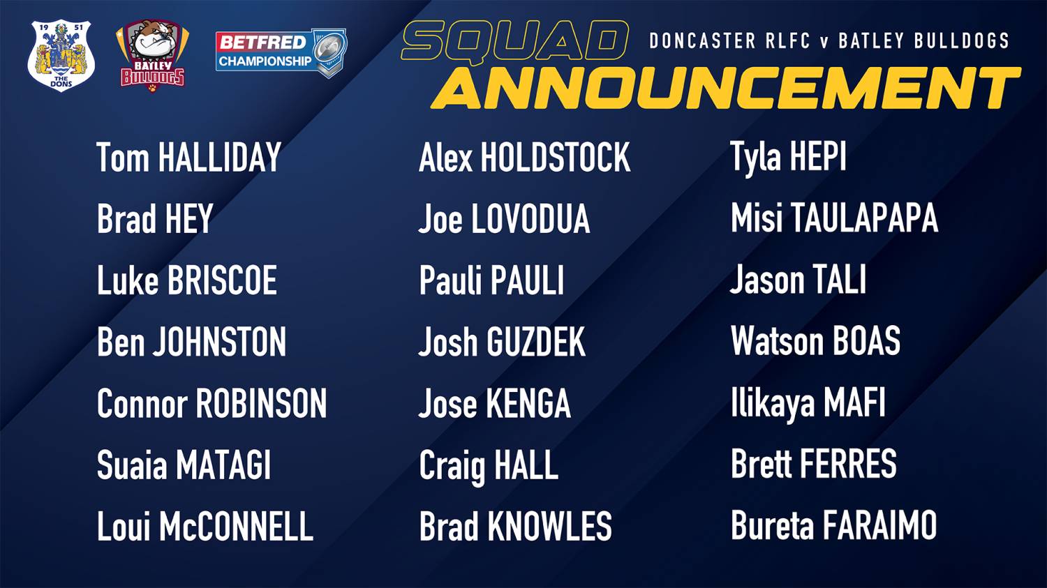 SQUAD ANNOUNCEMENT | Doncaster RLFC v Batley Bulldogs