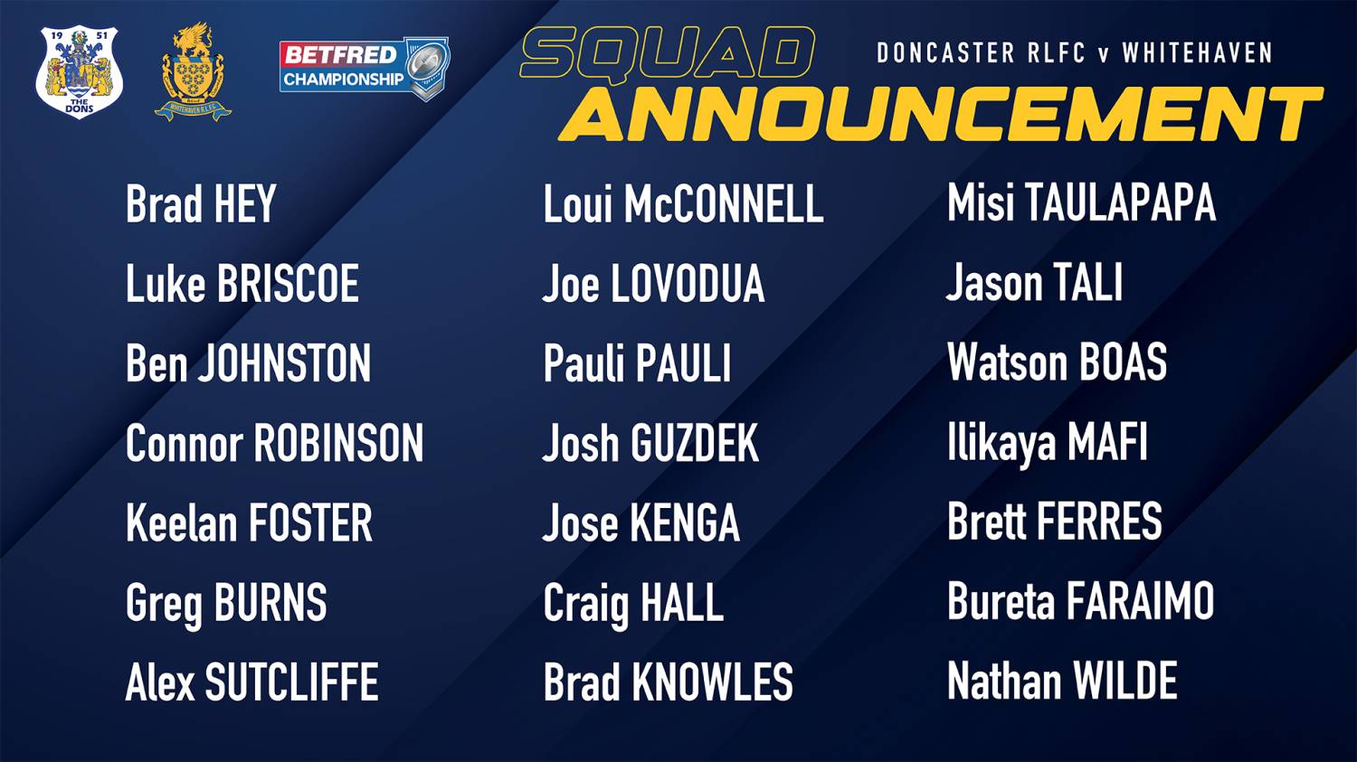 SQUAD ANNOUNCEMENT | Doncaster RLFC v Whitehaven